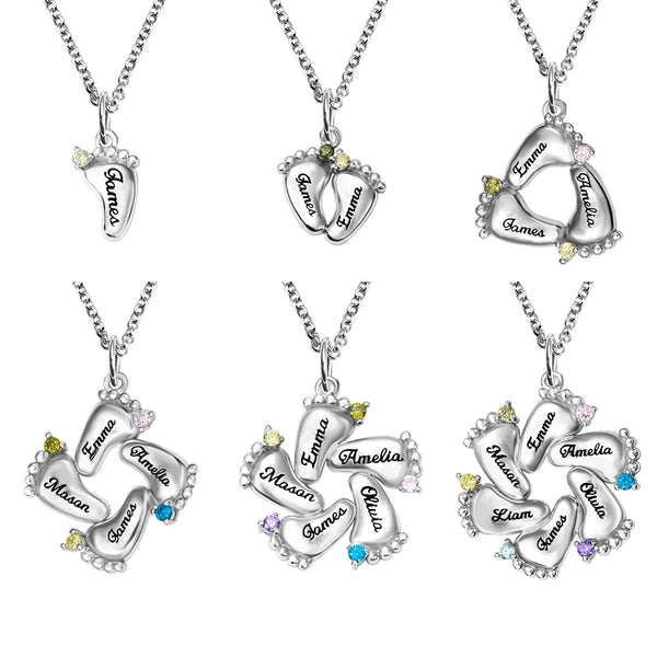 Sterling Silver Baby Feet Necklace with Birthstones - Custom Engraved ...